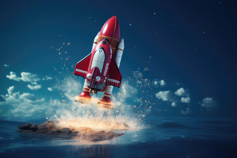 A Red and White Rocket Launches from Water, Creating a Splash, Against ...