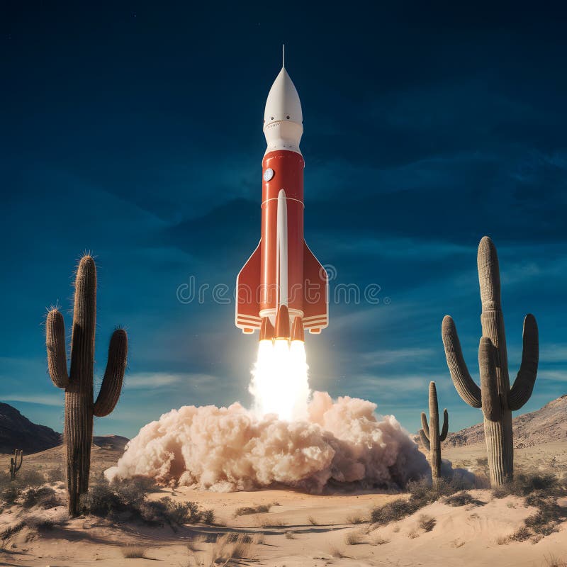 Red and White Rocket Launching, Desert Landscape, Dramatic Cosmic ...