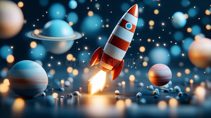 Red and White Rocket Launching into Space with Planets and Stars Stock ...