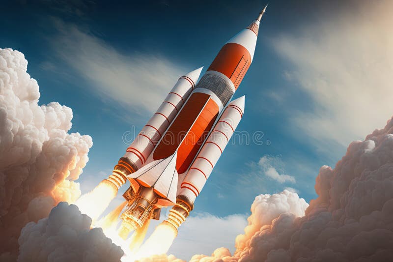 Red and White Rocket Taking Off into Sky. Generative AI Stock ...