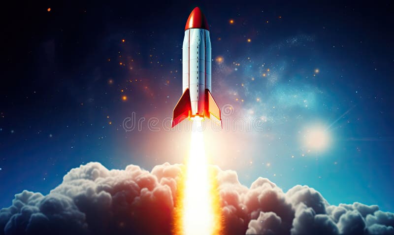 Photo of a Rocket Launching into the Sky with a Burst of Red and White ...