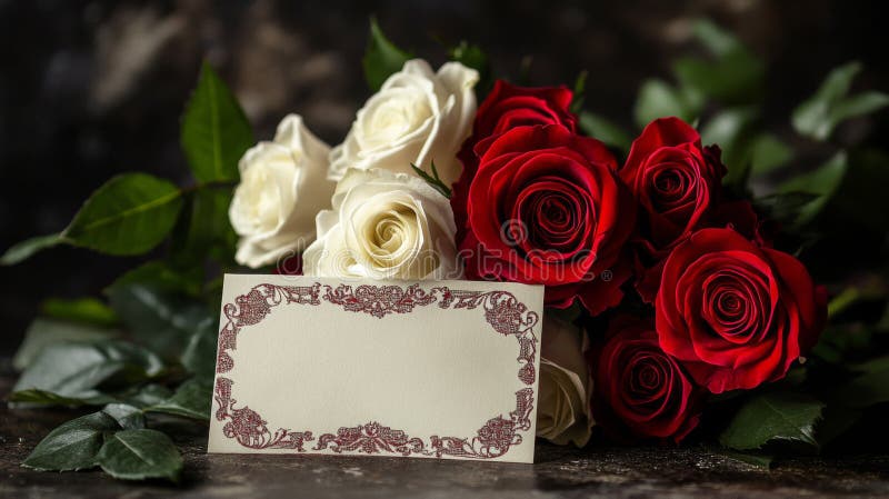 Red and White Roses with a Blank Card for a Message Stock Illustration ...
