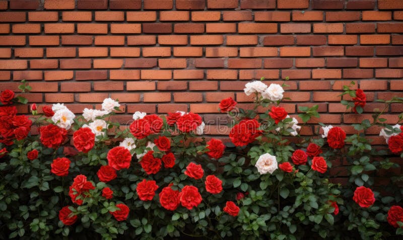 Red and White Roses in the Garden with Red Brick Wall Background Stock ...