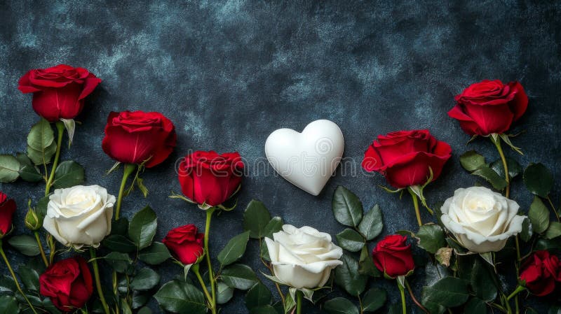 Red and White Roses with Heart on Dark Textured Background for ...
