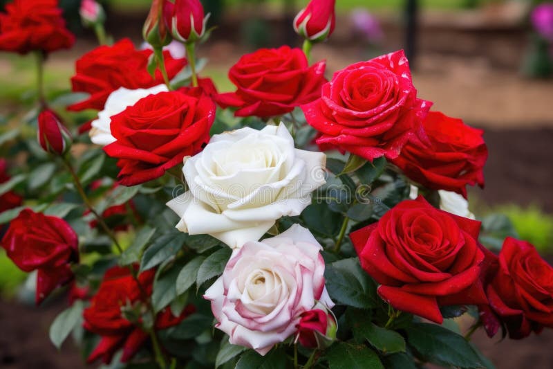 Red and White Roses Mixed Together in a Flower Bed Stock Illustration ...