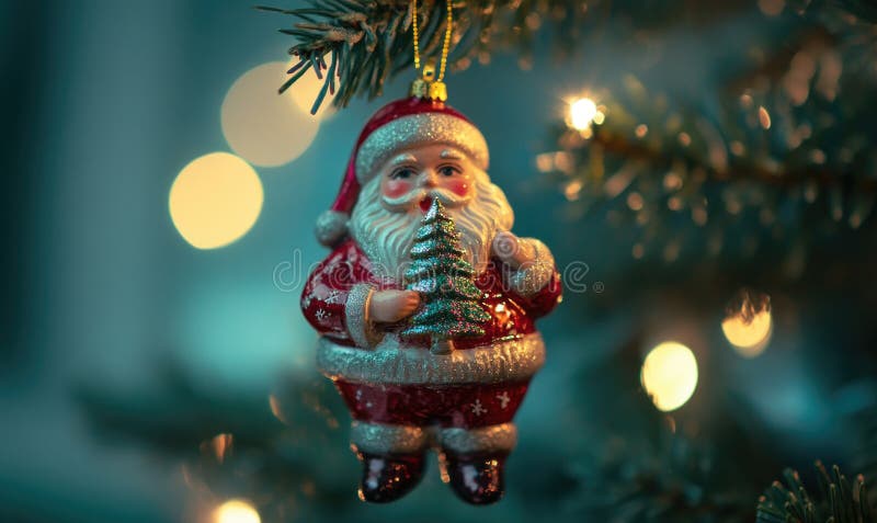 A Red and White Santa Claus Ornament with a Tree in His Hand Stock ...