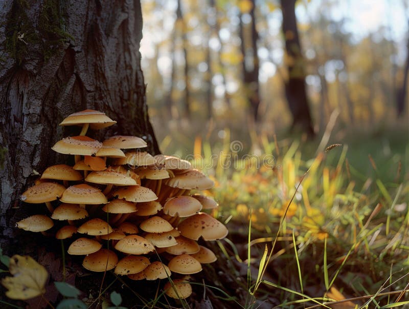 Fly Agaric Mushrooms Growing on Forest Floor by Tree Trunk Stock Photo ...