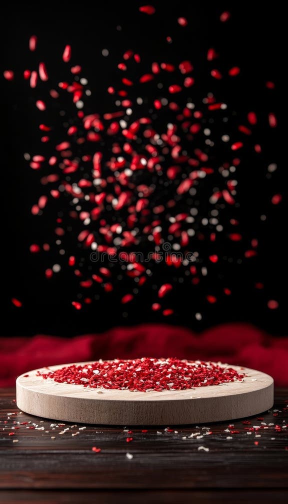 Red and White Sprinkles Falling on Round Stone Plate, Red Background ...