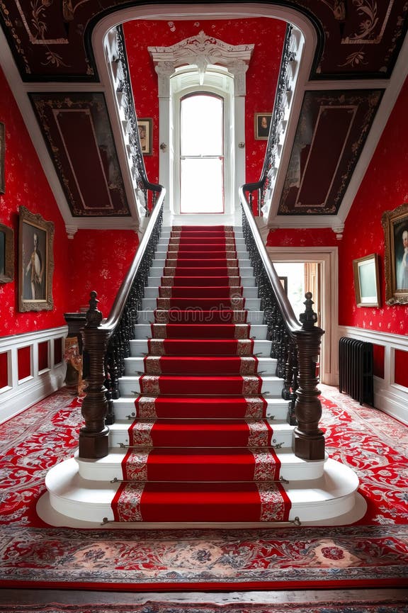 A Red and White Staircase with a Red Carpeted Runner. Generative AI ...