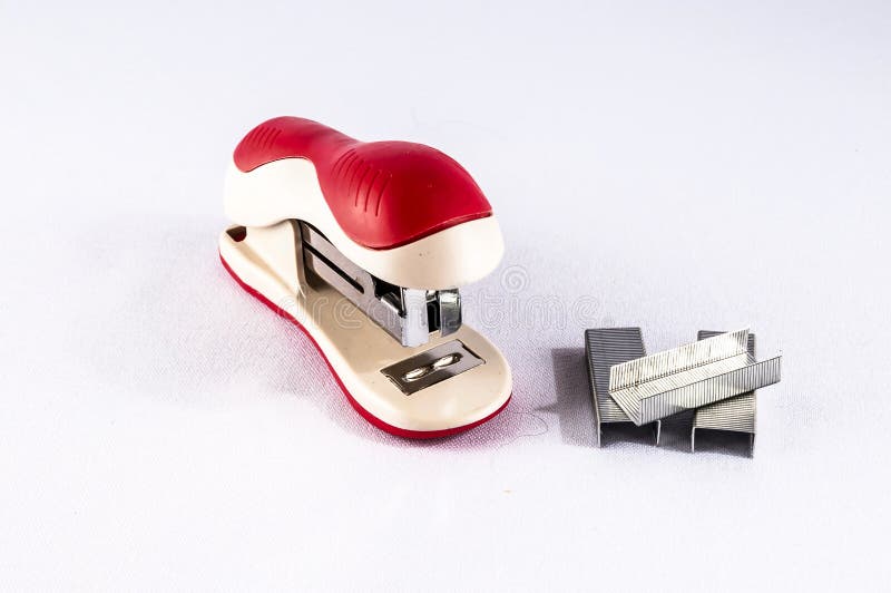 Red White Stapler Sits Surface Next Stack Paper Clips Stock Photos ...