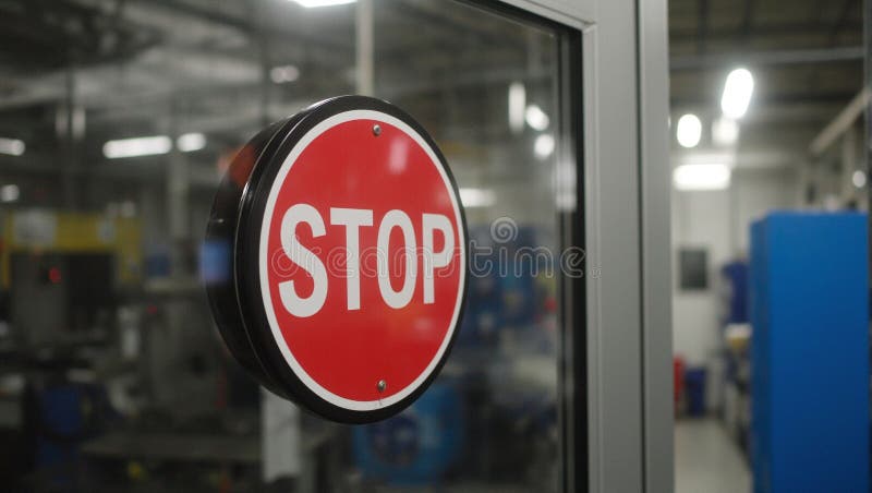 Red and White Stop Warning Sign on Factory Door Stock Illustration ...