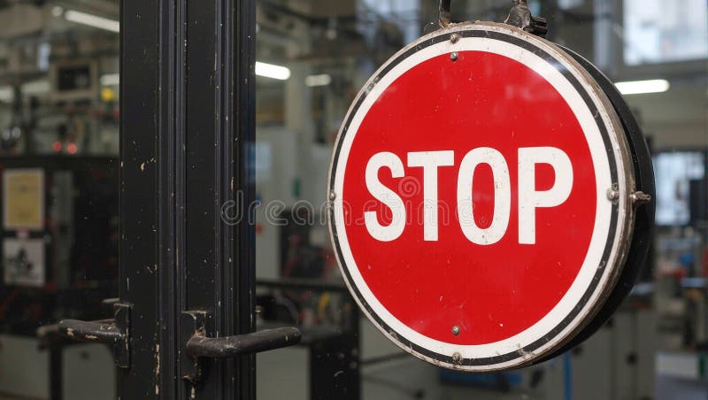 Red and White Stop Warning Sign on Factory Door Stock Illustration ...