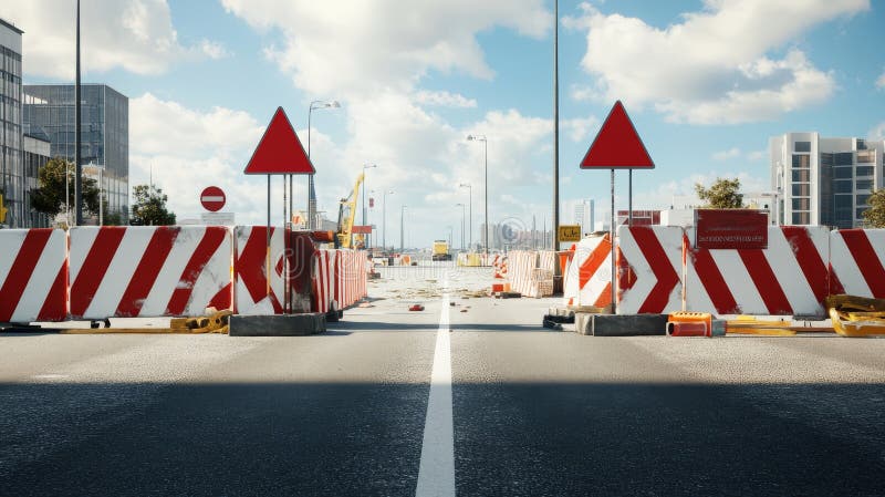 Red and White Striped Barriers on Empty Road Highlighting Ongoing ...