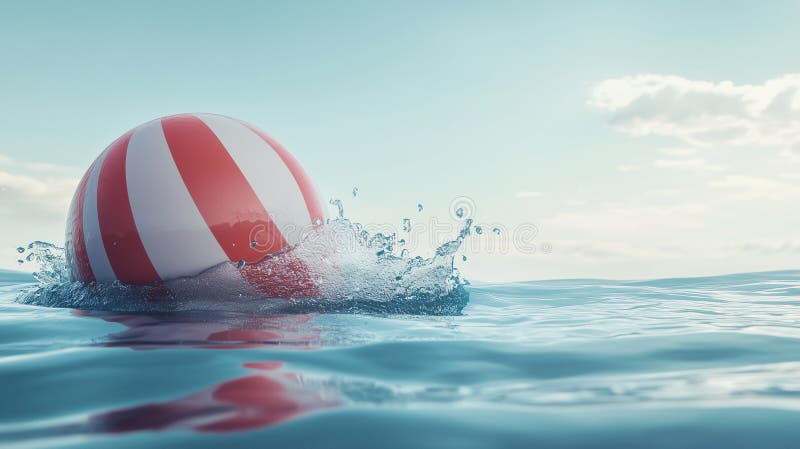 A Red and White Striped Beach Ball Floats on Gently Rippling Water ...