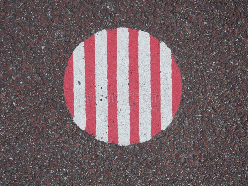 Red an White Striped Wall with Staircase and Cross Over Sign and Stock ...