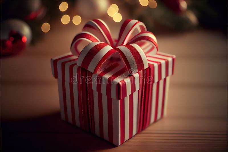A Red and White Striped Gift Box with a Bow on it S Side Stock ...