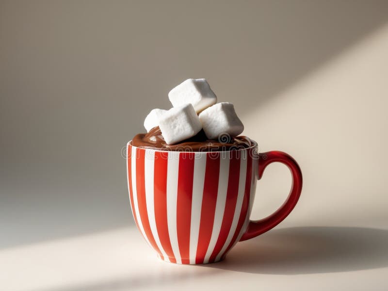 A Red and White Striped Mug with Chocolate and Marshmallows in it Stock ...