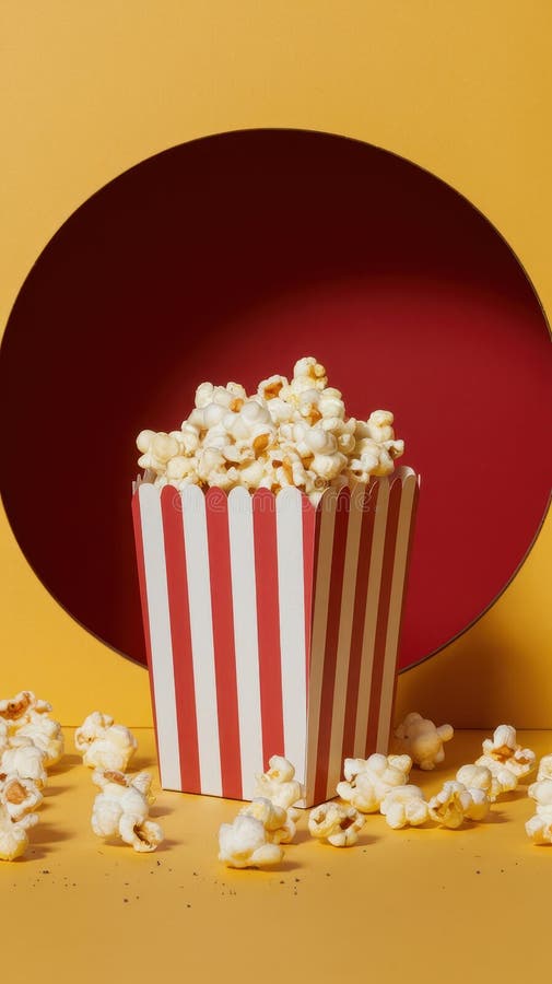 Red and White Striped Popcorn Bucket with Spilled Kernels on Pastel ...