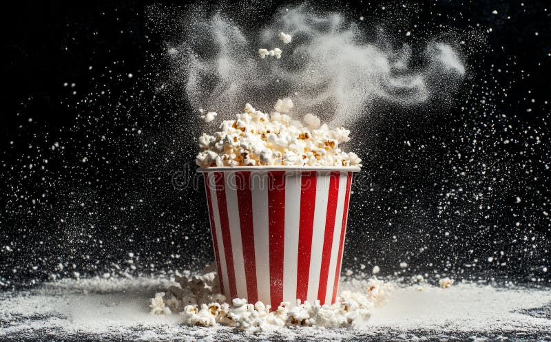 A Red and White Striped Popcorn Container, Floating with Particles in ...