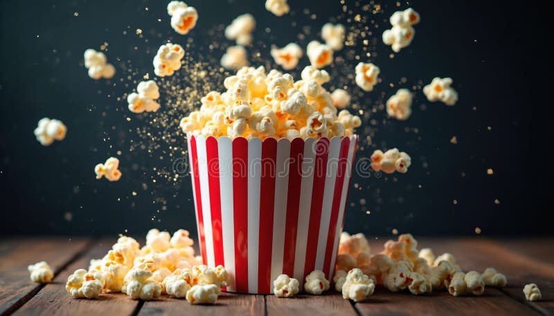 Red, White Striped Popcorn Container Full of Fluffy Popcorn. Popcorn ...