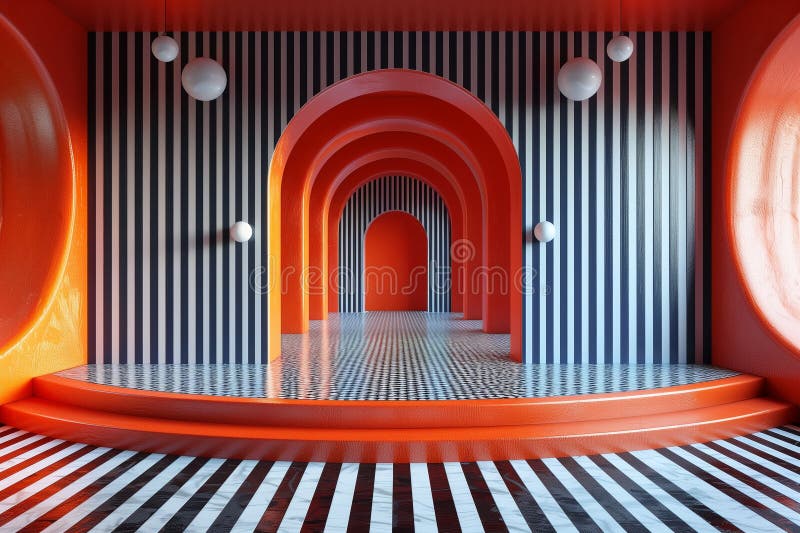 Red and White Striped Surreal Architectural Space Stock Image - Image ...