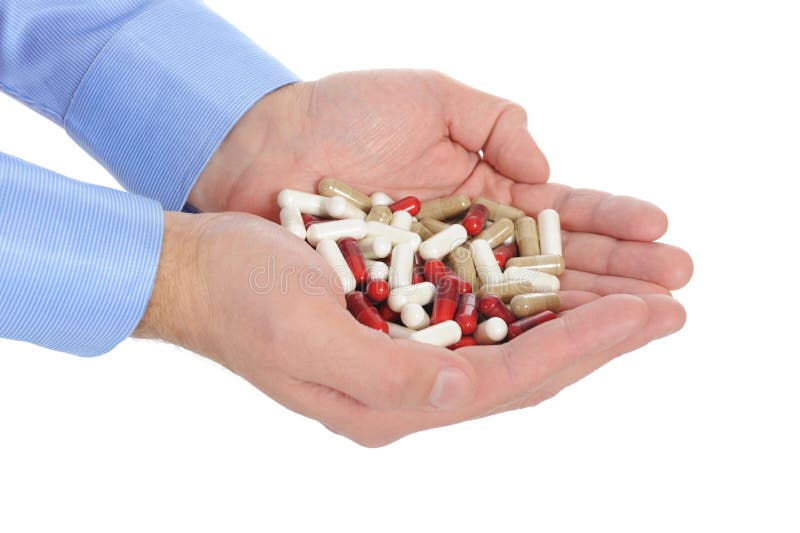 Vitamins and Supplements. Woman Hands Full of Medication Pills Stock ...