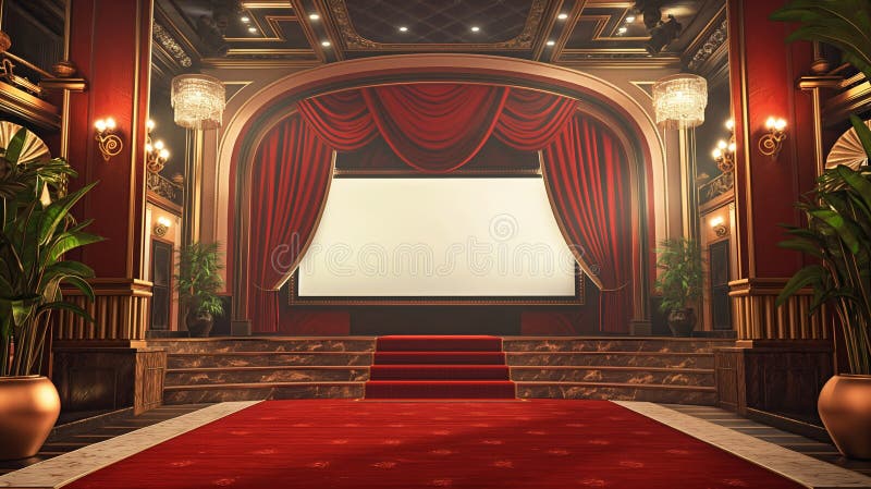 A Red and White Theater Stage with a Large Empty Screen. Stage ...