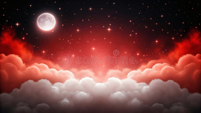 Red and White Theme with Stars and Moon Shining, Clouds in Red and ...