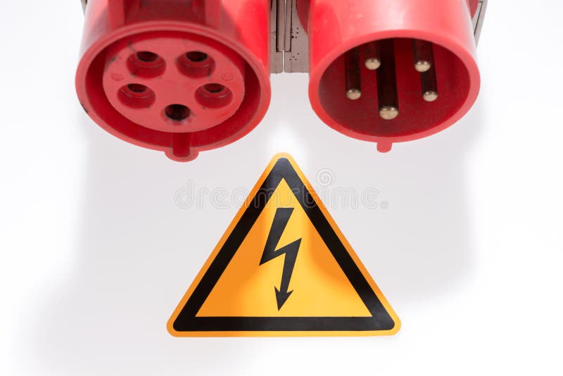 Red and White Three-phase Plug and Socket with Warning Sign Stock Image ...