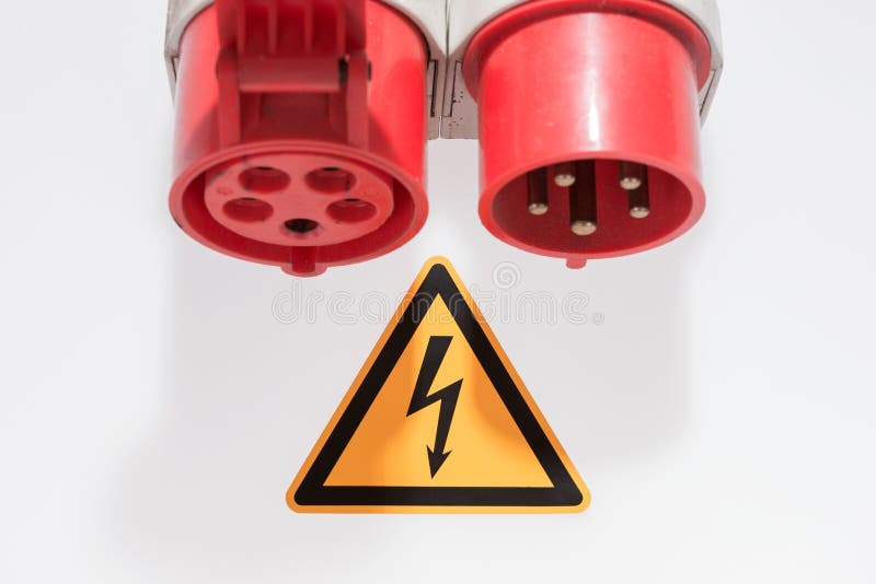 Red and White Three-phase Plug and Socket with Warning Sign Stock Image ...