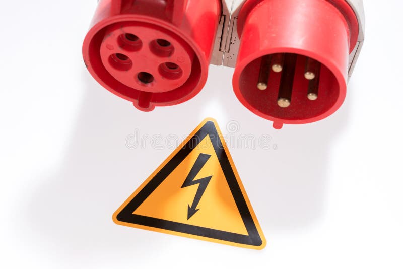 Red and White Three-phase Plug and Socket with Warning Sign Stock Image ...