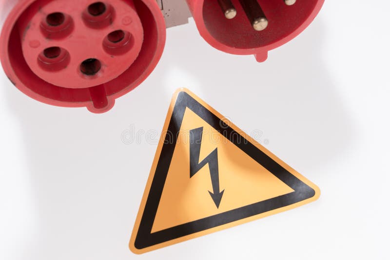 Red and White Three-phase Plug and Socket with Warning Sign Stock Image ...
