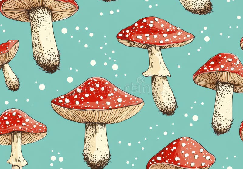 Red and White Toadstool Seamless Pattern on Teal Background Stock ...
