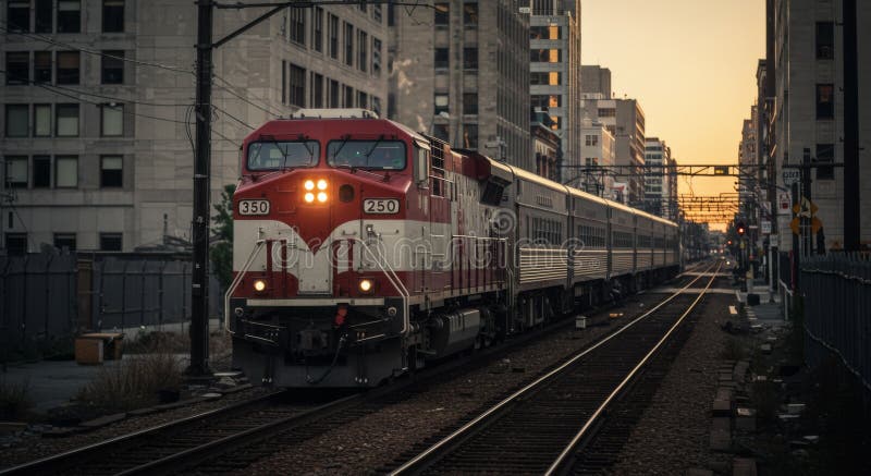 Red and White Train Passing through City at Sunset Stock Illustration ...