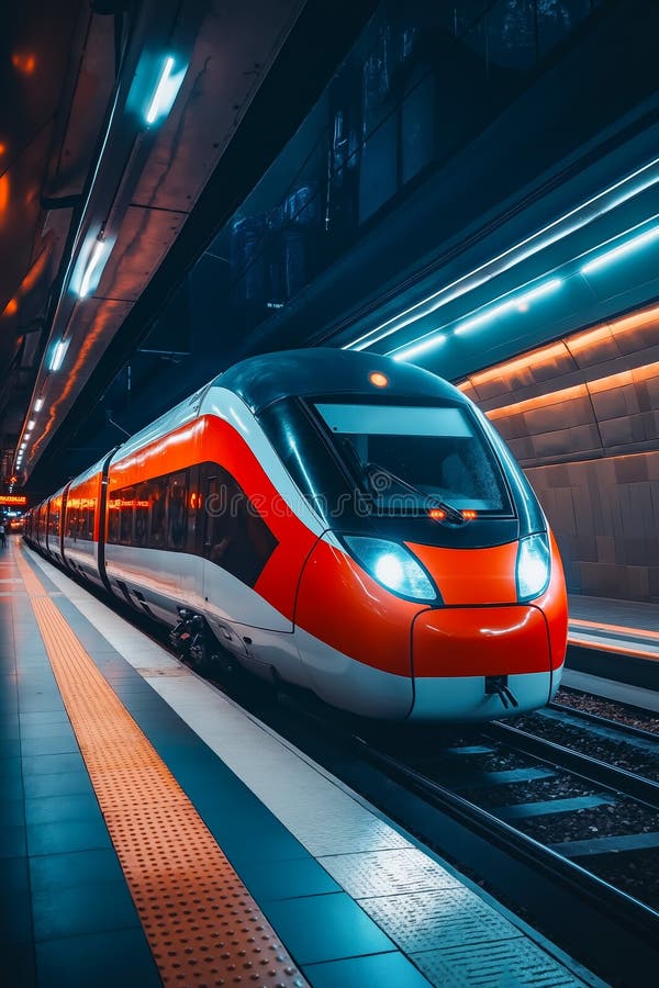 A Red and White Train Pulling into a Train Station at Night Stock Image ...