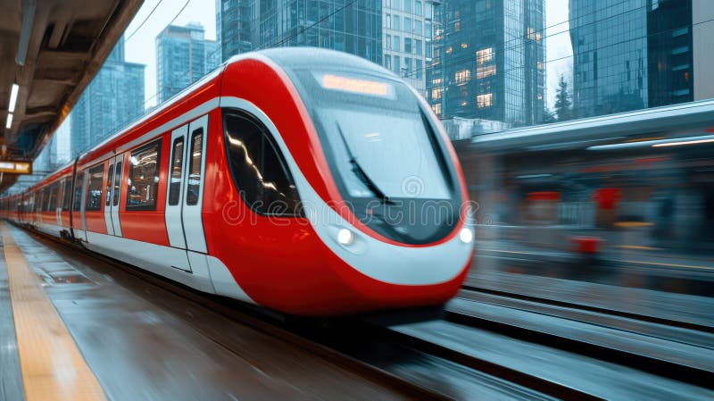 A Red and White Train on Tracks in a City with Buildings, AI Stock ...