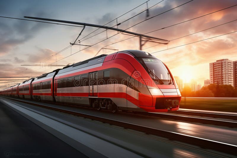 A Red and White Train Traveling Down Train Tracks. High-speed Suburban ...