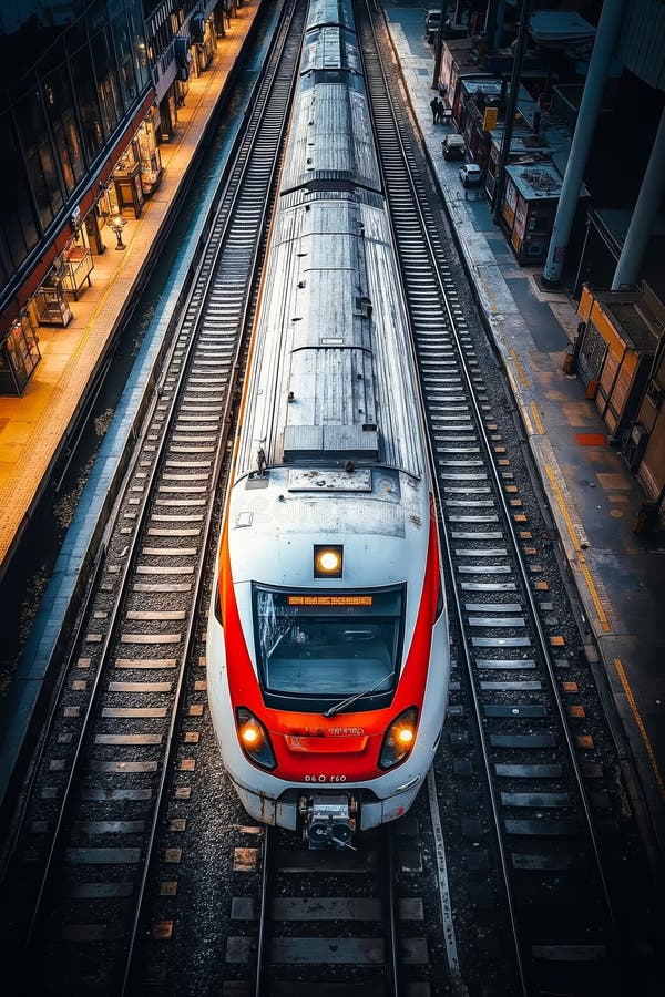 A Red and White Train Traveling Down Train Tracks Next To a Platform ...