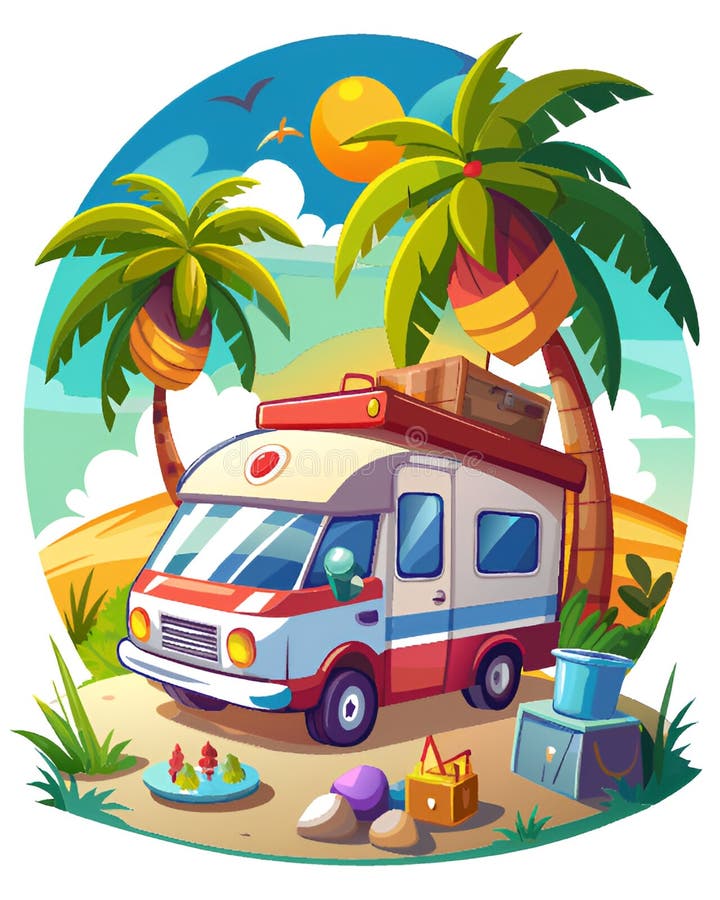 A Red and White Van is Parked in Front of a Palm Tree Stock ...