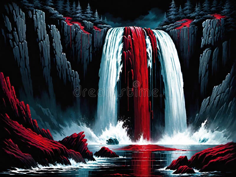Red and White Waterfall in the Forest Stock Illustration - Illustration ...
