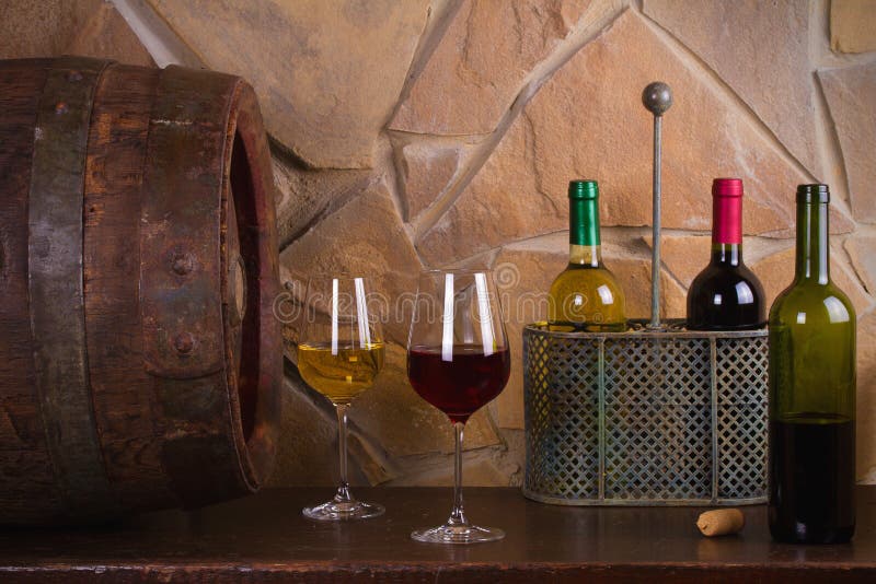 Red and White Wine beside Old Cask in Wine Cellar. Stock Image - Image ...
