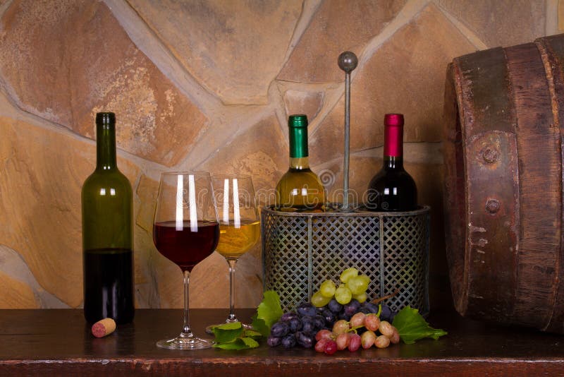 Red and White Wine beside Old Cask in Wine Cellar. Stock Photo - Image ...