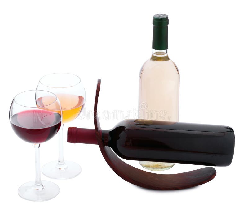 Red Wine Bottle and Glass on White Background. Unusually Top View ...