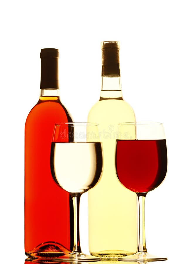 Wine Glasses with Red and White Wine Bottles Stock Image - Image of ...