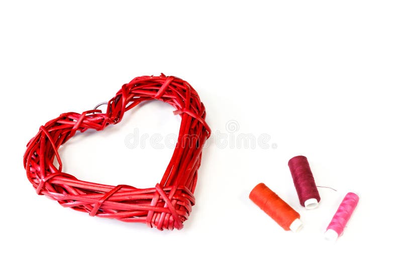 Red Wicker Heart and Spools of Thread. Stock Photo - Image of rattan ...