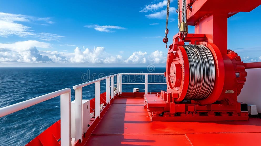 Red Winch on a Ship Deck Overlooking Blue Ocean Under Cloudy Sky Stock ...