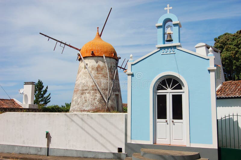 Red Windmill and Church in Azores Stock Photo - Image of outdoors ...
