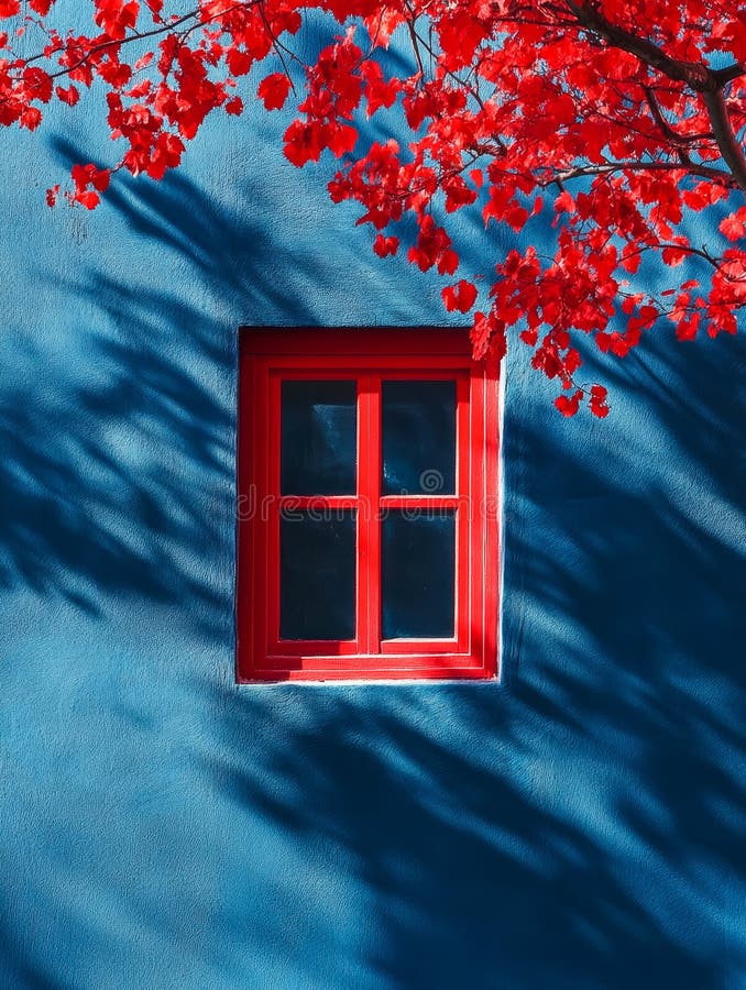 Red Window, Blue Wall and Red Autumn Leaves Framing the Window on a ...