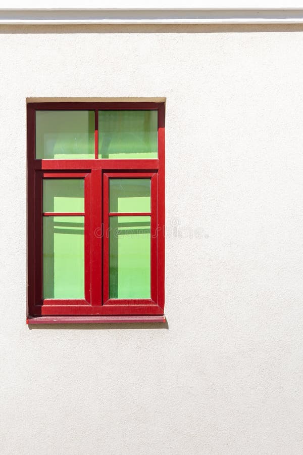 Red Window Frame on a Light Background Wall Facade of the House Stock ...