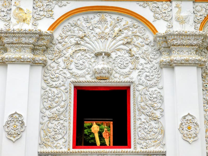Red Window Frame on a White Stucco Wall Stock Image - Image of chiang ...